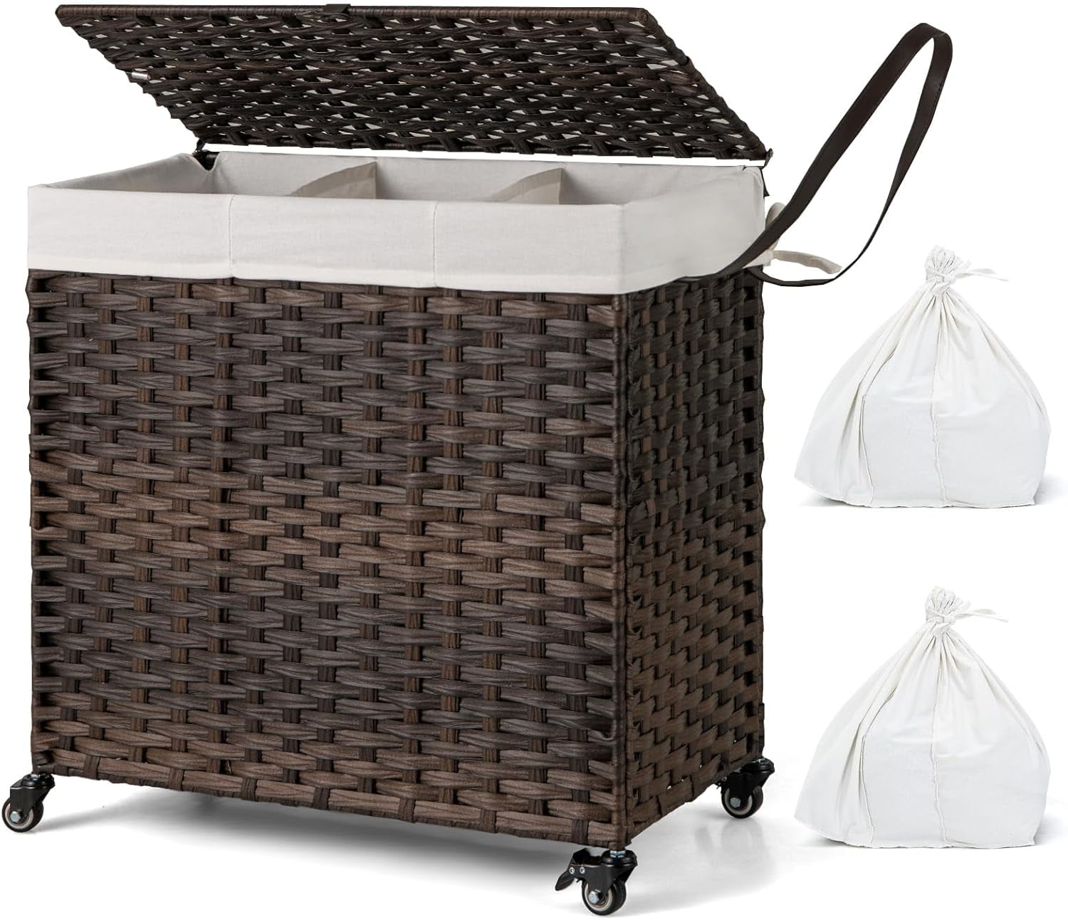 GOFLAME Laundry Hamper with Lid and Wheels, 125L Hand Woven Rattan ...