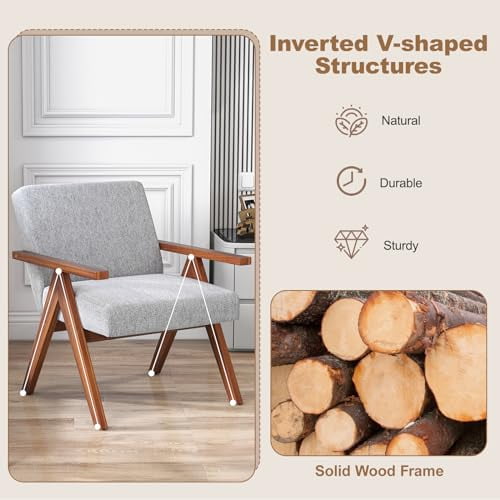 GOFLAME Mid-Century Modern Accent Chair, Linen Fabric Armchair with Solid Wood Frame, Cushioned ...