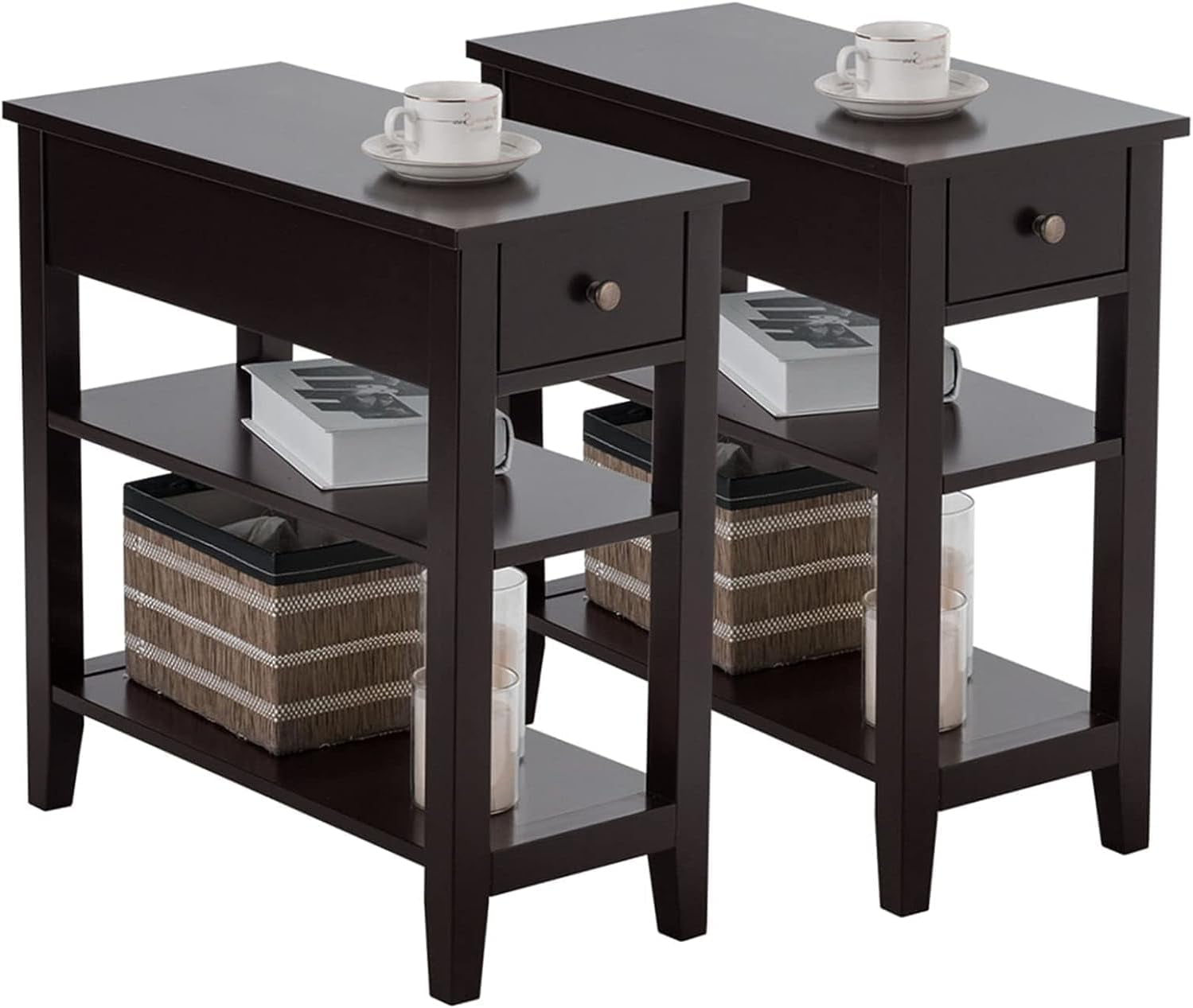 GOFLAME Narrow End Table Set of 2, Slim Side Table with Drawer & 2 Open ...