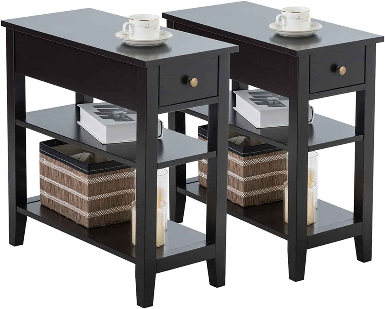 GOFLAME Narrow Side Table Set of 2, 3-Tier Bedside Table with Drawer ...