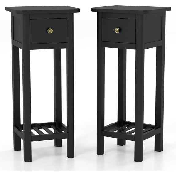 GOFLAME Narrow Side Table Set of 2, Small End Table with Drawer & Shelf ...
