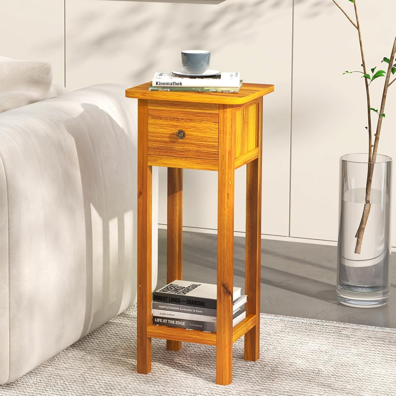 GOFLAME Narrow Side Table, Small End Table with Drawer & Shelf ...