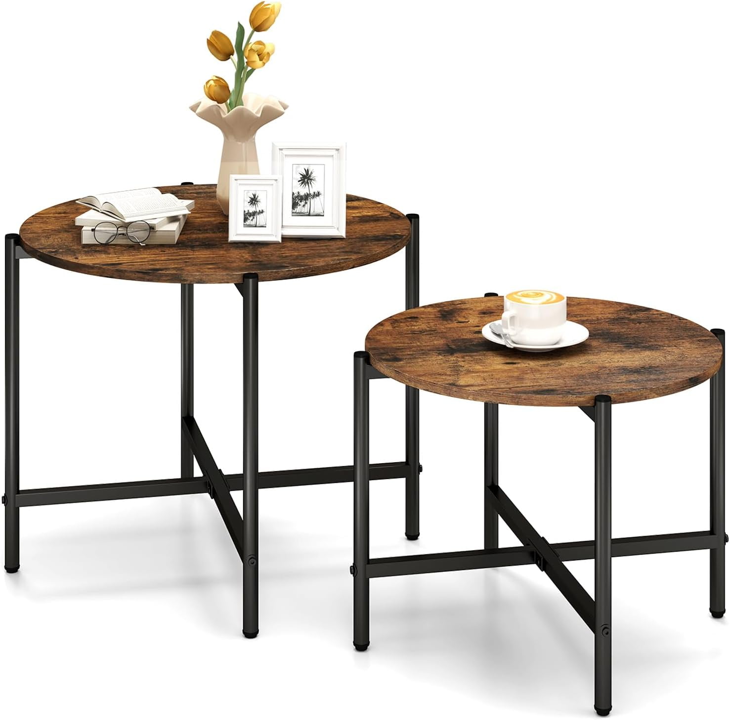 GOFLAME Nesting Coffee Table Set, Round Coffee Tables with Wood ...