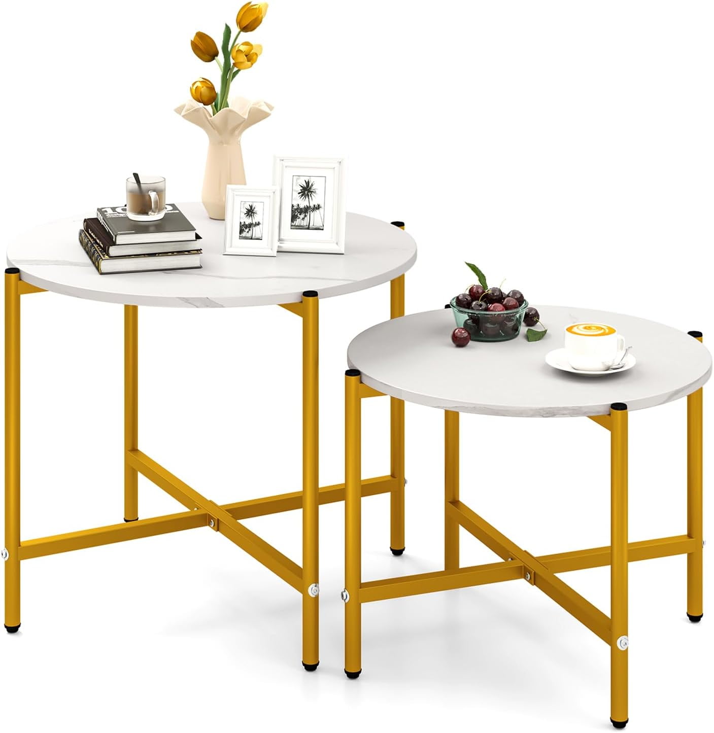 GOFLAME Nesting Coffee Table Set of 2, Round Coffee Tables with Wood ...