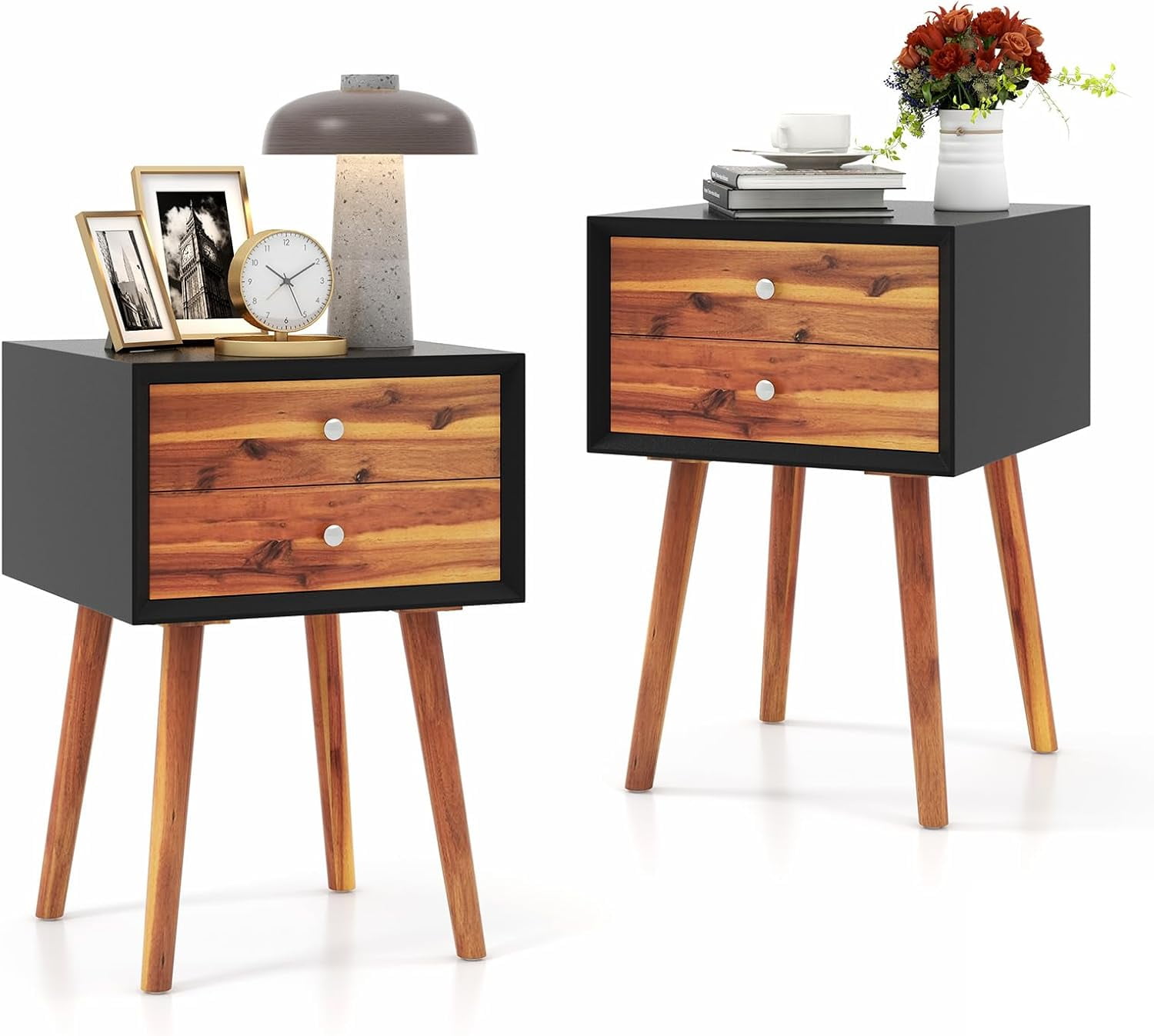 GOFLAME Nightstand Set of 2 with 2 Drawers, Small Wooden Side Table ...