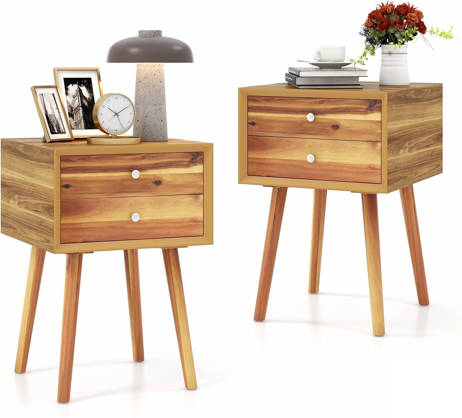GOFLAME Nightstand Set of 2 with 2 Drawers, Small Wooden Side Table ...