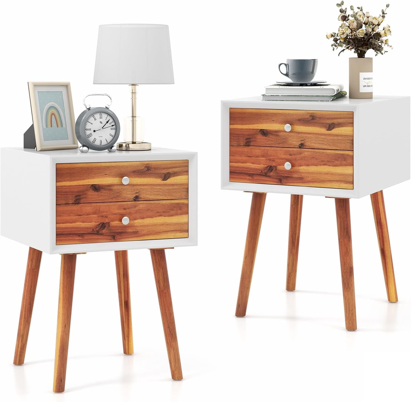 GOFLAME Nightstand Set of 2 with 2 Drawers, Small Wooden Side Table ...