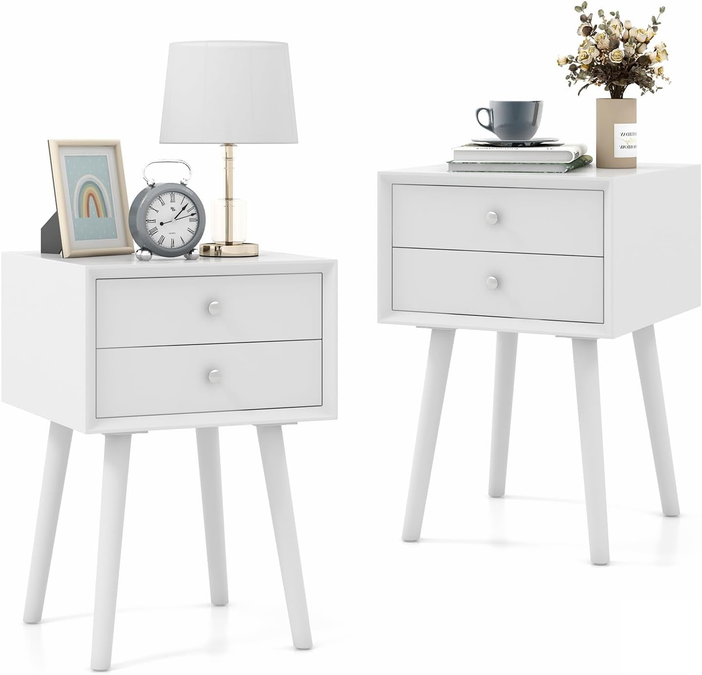 GOFLAME Nightstand Set of 2 with 2 Drawers, Small Wooden Side Table ...