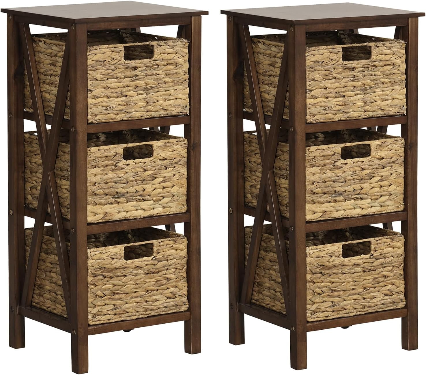 GOFLAME Nightstand Set of 2 with 3 Wicker Storage Baskets, Sofa Side ...