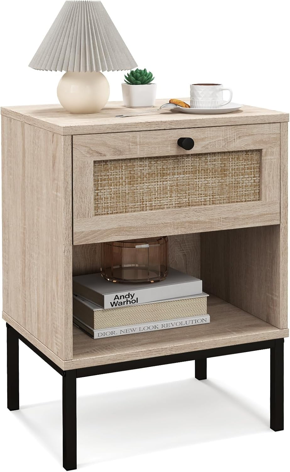 GOFLAME Rattan Nightstand, Boho Bedside Table with Drawer & Open Shelf ...