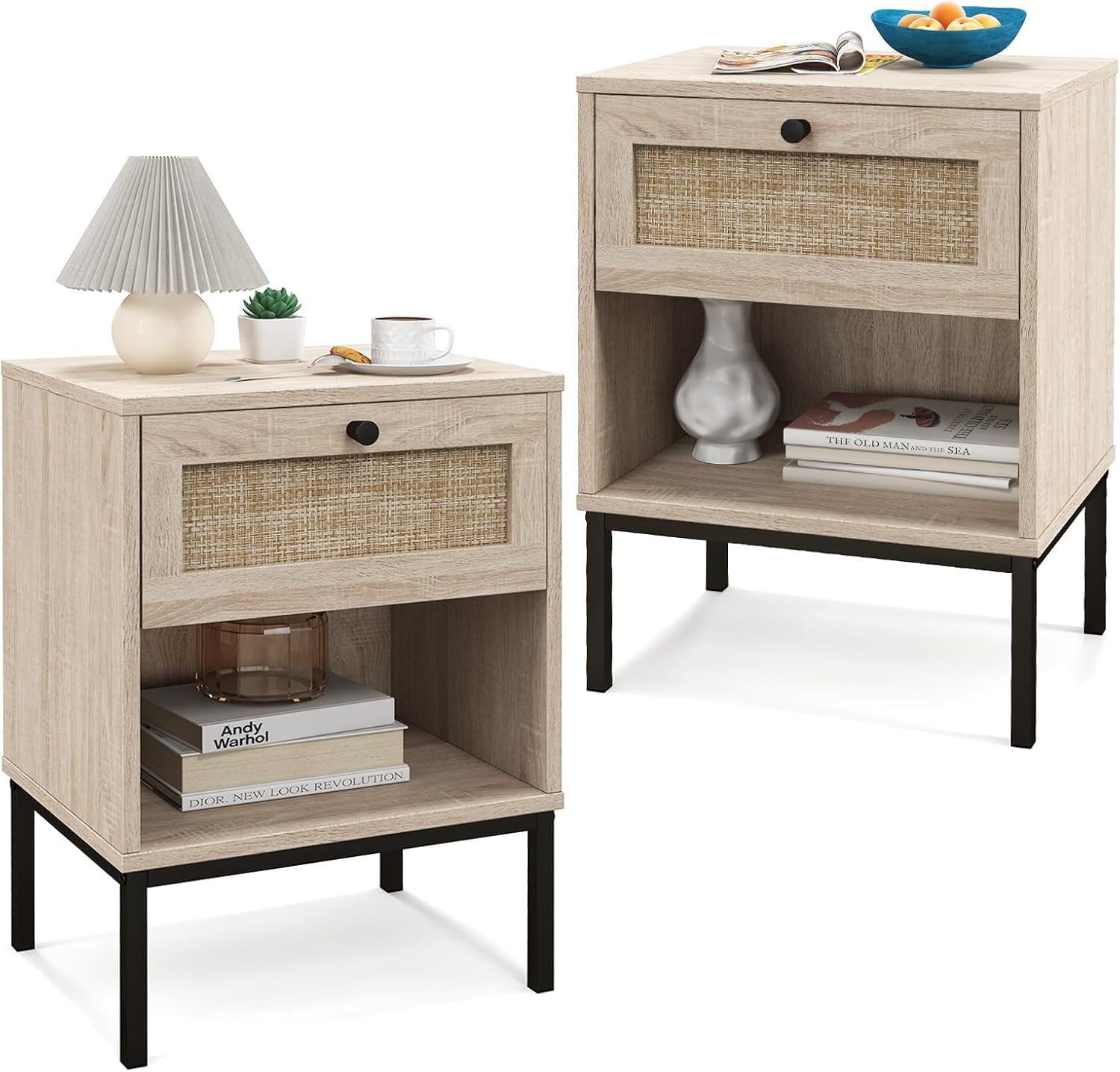 GOFLAME Rattan Nightstand Set of 2, Boho Bedside Table with Drawer ...