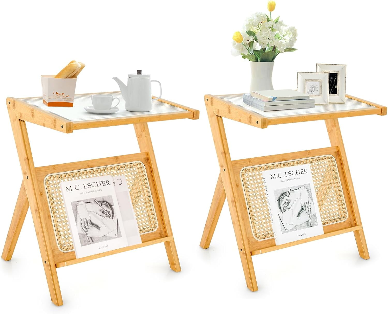 GOFLAME Rattan Side Table Set of 2, Z-Shaped End Table with Tempered ...