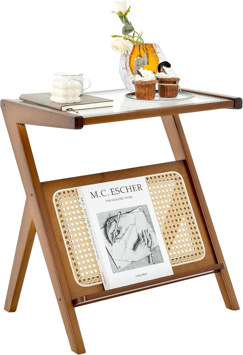 GOFLAME Rattan Side Table, Z-Shaped End Table with Tempered Glass Top ...