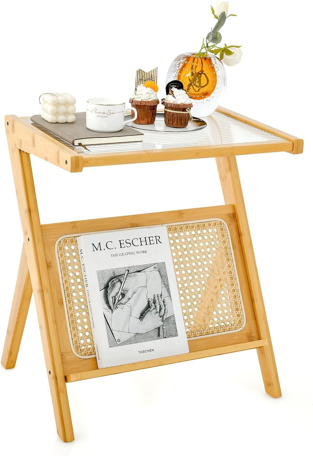 GOFLAME Rattan Side Table, Z-Shaped End Table with Tempered Glass Top ...