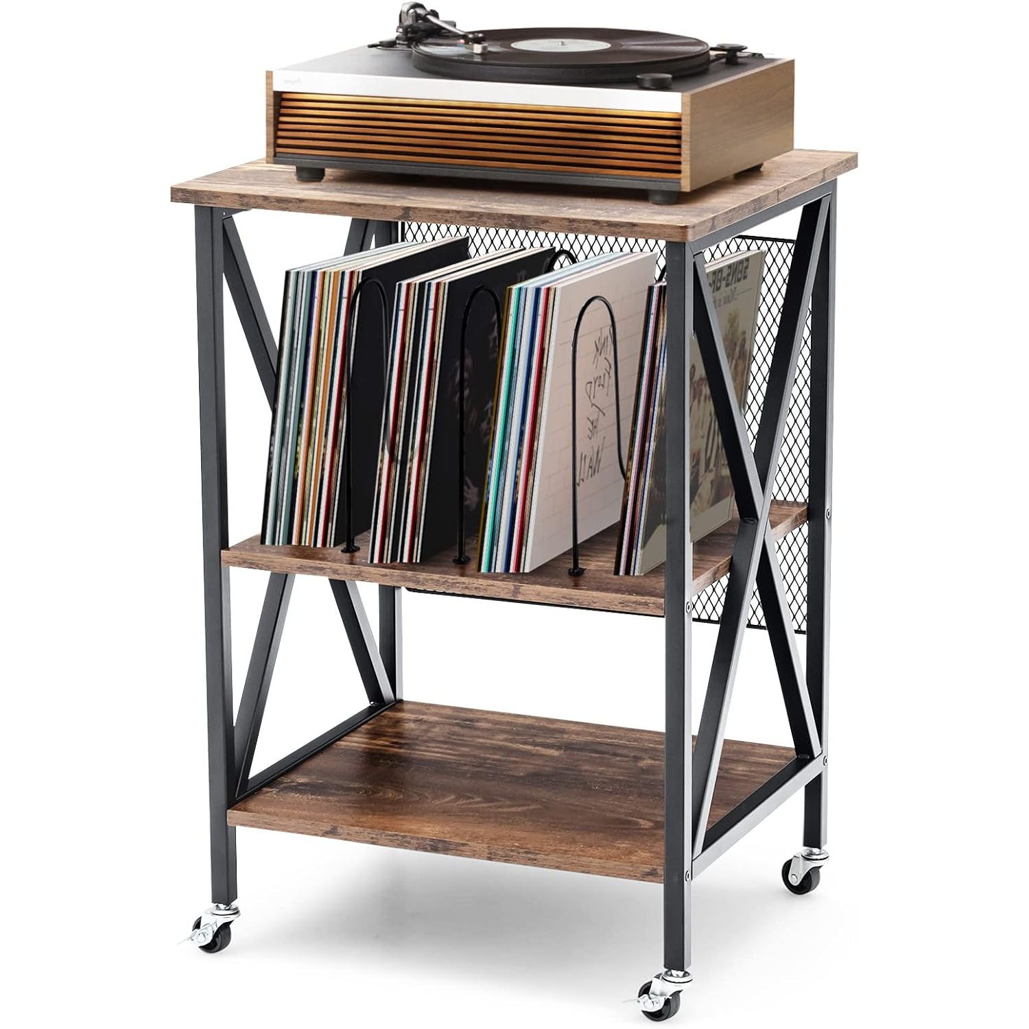 GOFLAME Record Player Stand, 3-Tier Rolling Vinyl Record Storage Holder ...