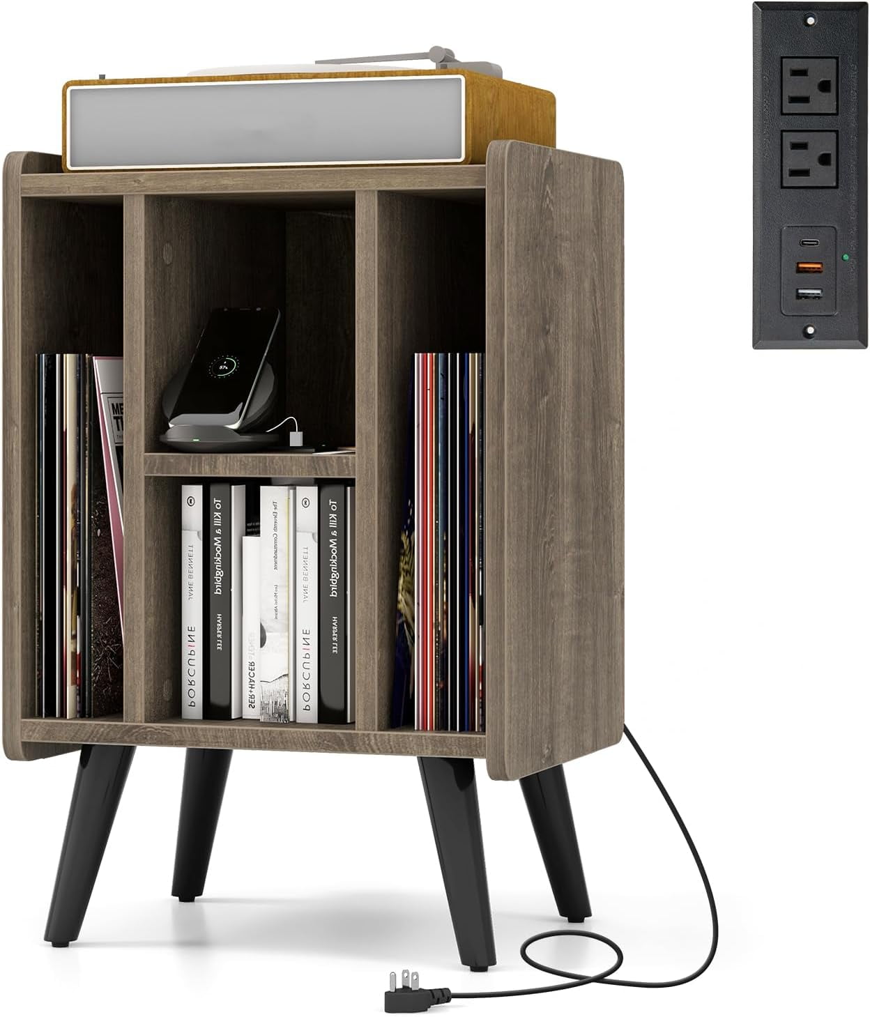 GOFLAME Record Player Stand with Charging Station, Turntable Stand with ...