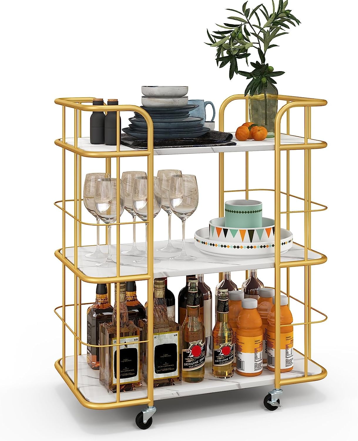GOFLAME Rolling Bar Cart Gold, 3-Tier Kitchen Utility Cart with Sturdy ...