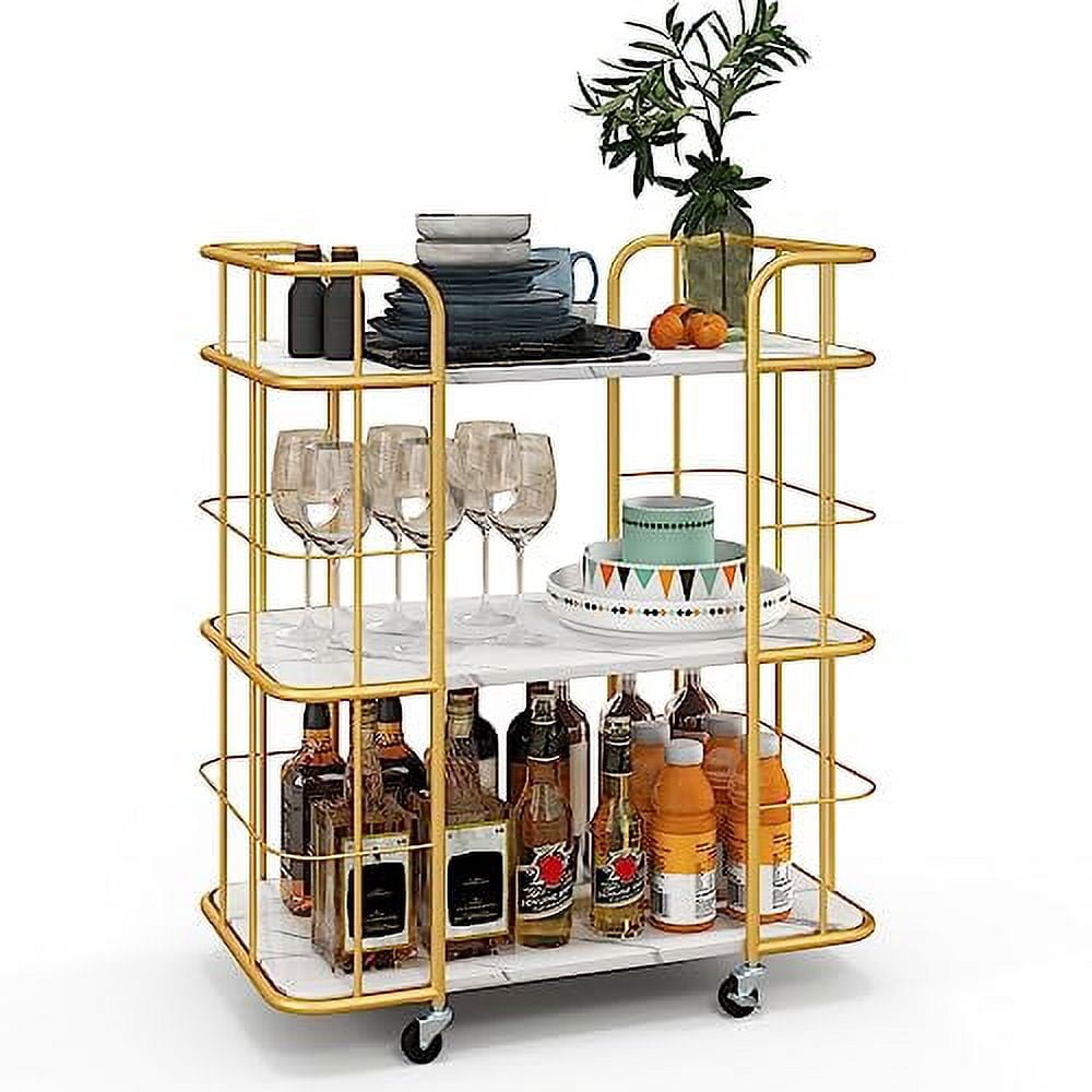 GOFLAME Rolling Bar Cart Gold, 3-Tier Kitchen Utility Cart with Sturdy ...