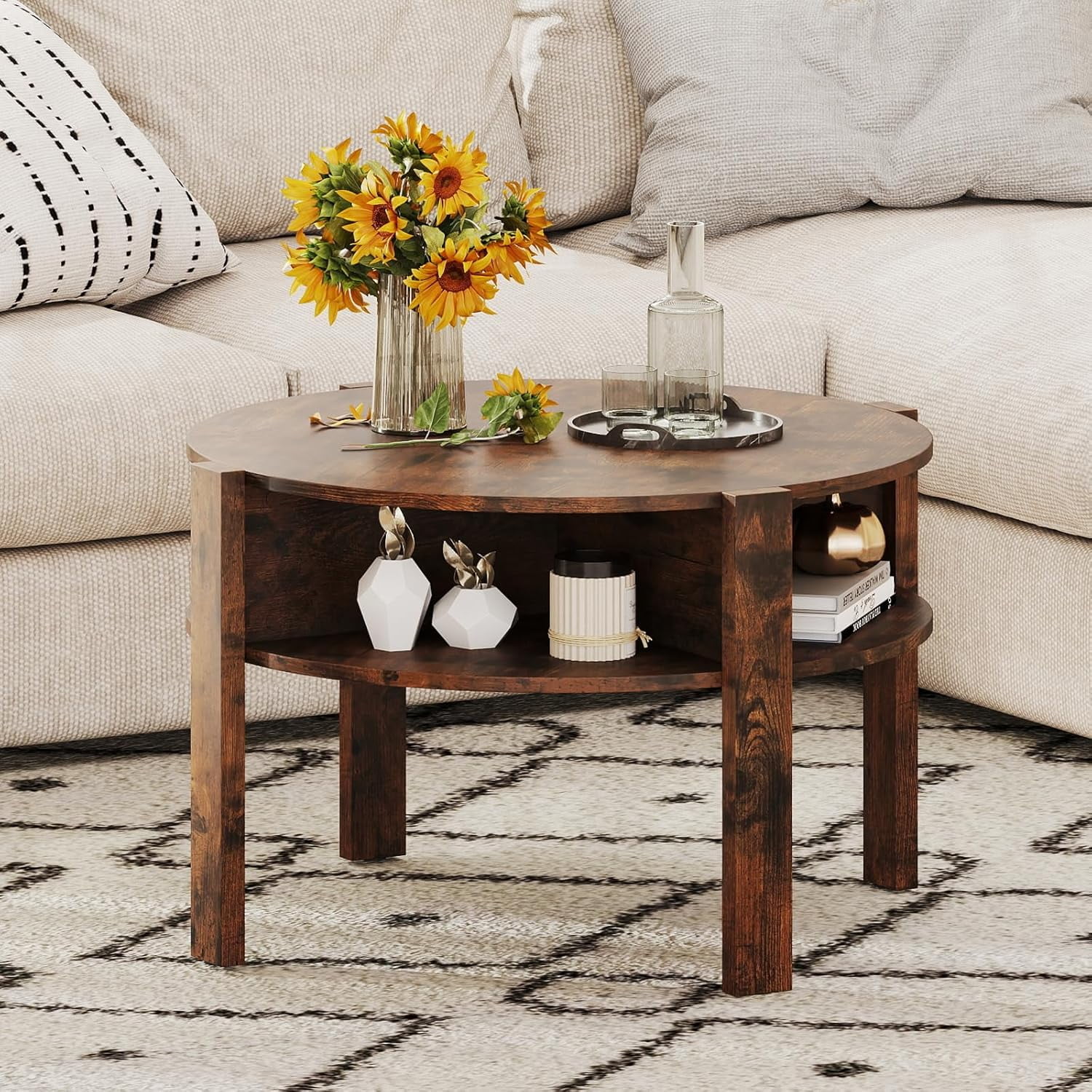 GOFLAME Round Coffee Table with Storage, 29.5” Wooden Center Table with ...