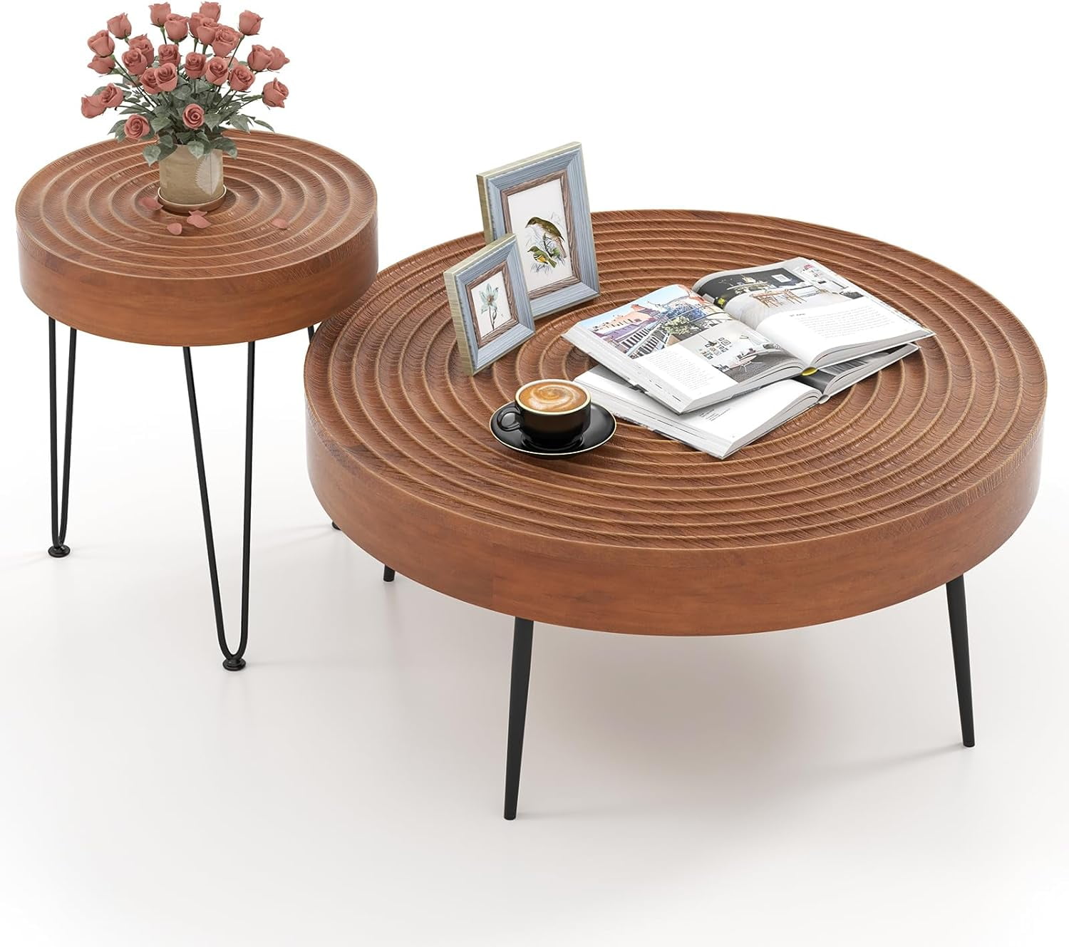 GOFLAME Round Nesting Coffee Tables Set of 2, Boho Nesting Tables with ...