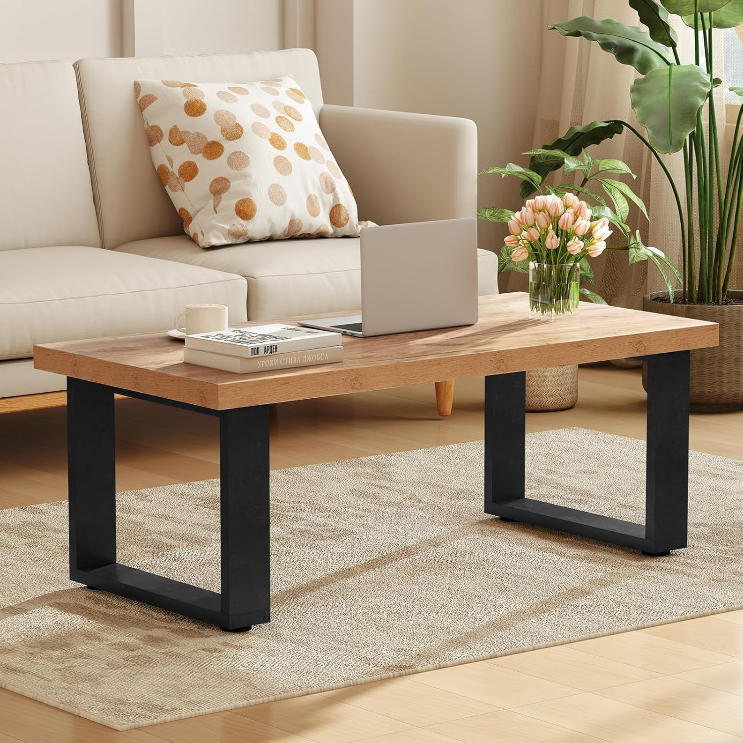 GOFLAME Rustic Coffee Table with Storage, 47” Wood Rectangular Center ...