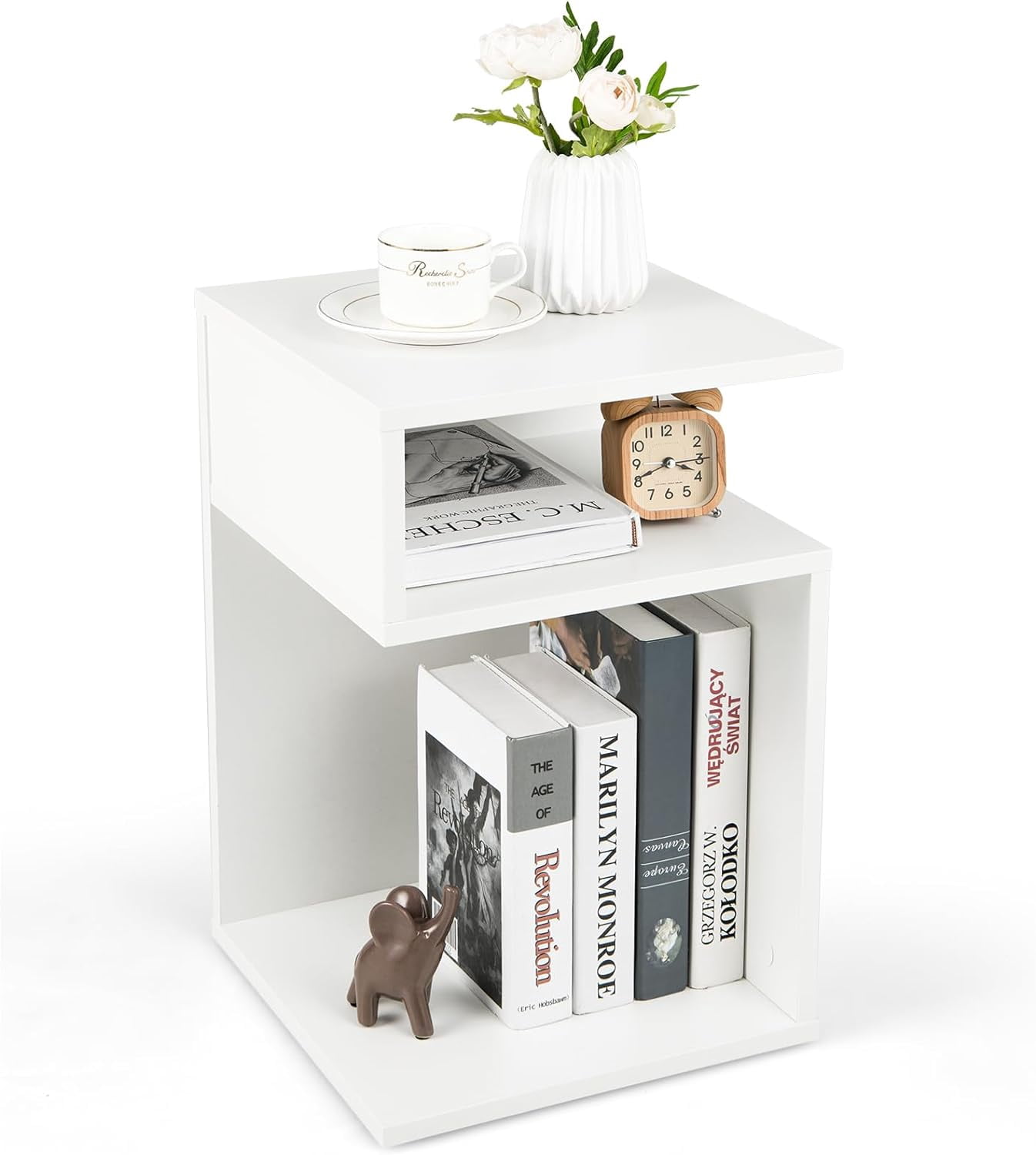 GOFLAME S-Shaped End Table, Sofa Side Table with 2 Open Compartments ...