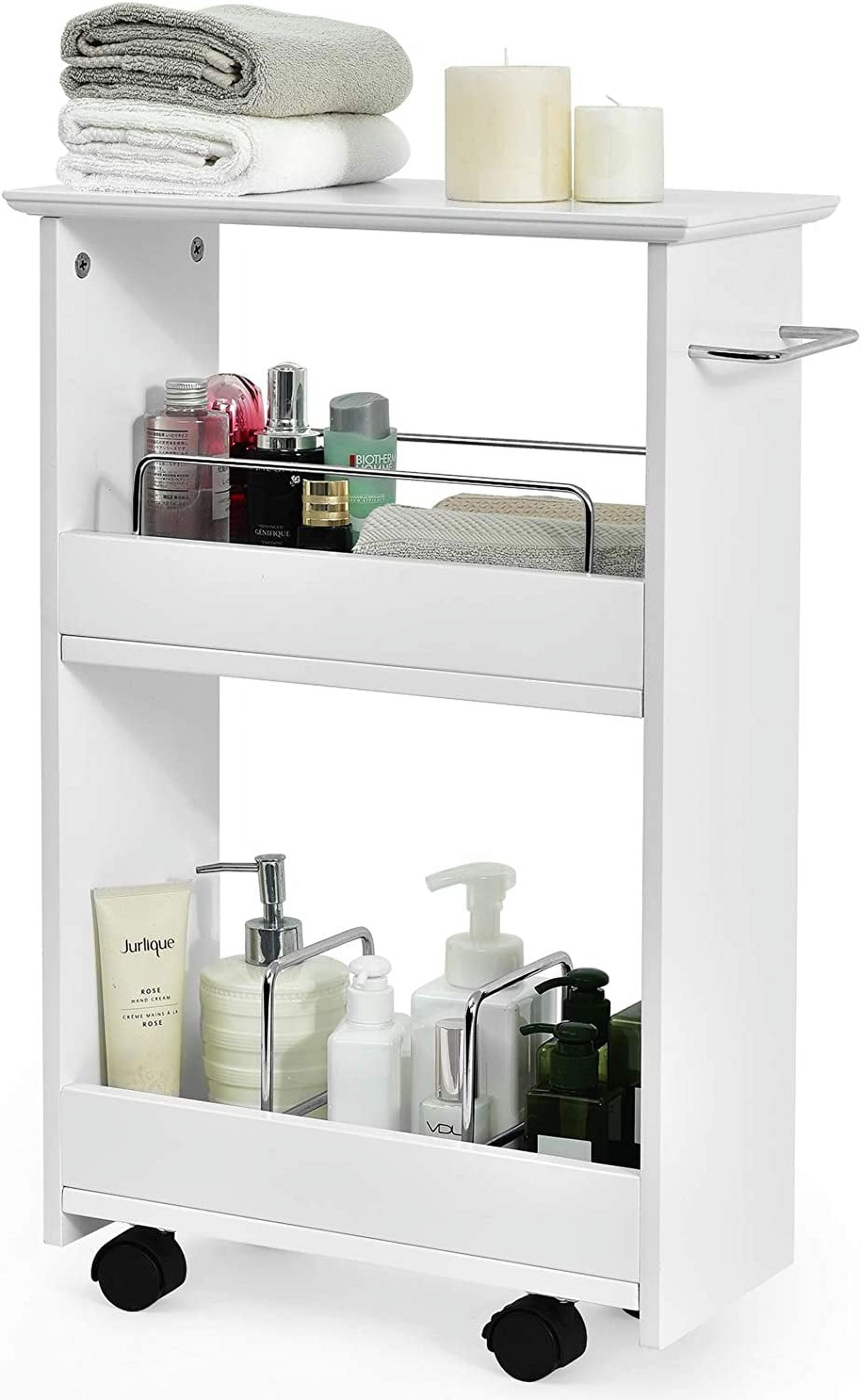 GOFLAME Slim Bathroom Storage Cart, Wooden Storage Shelf with Towel Bar ...