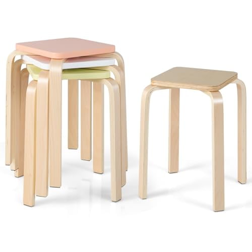 GOFLAME Stackable Wooden Stools Set of 4, Backless Chairs with Square ...