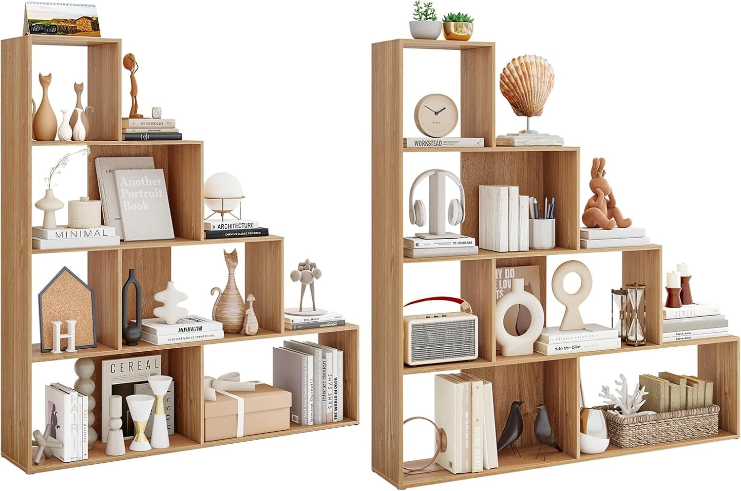 GOFLAME Step Bookcase 4-Tier Set of 2, Wood 6 Cube Storage Organizer ...