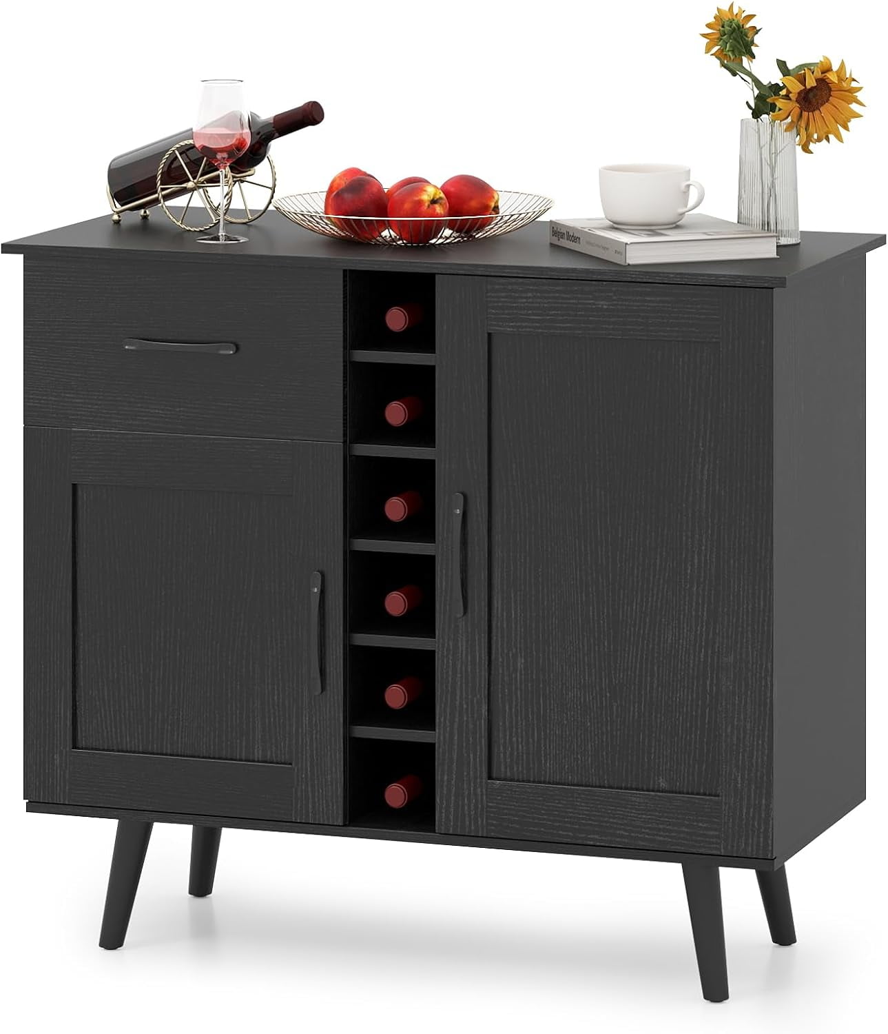 GOFLAME Wine Bar Cabinet, Buffet Sideboard with 2 Doors & 1 Drawer, 6 ...