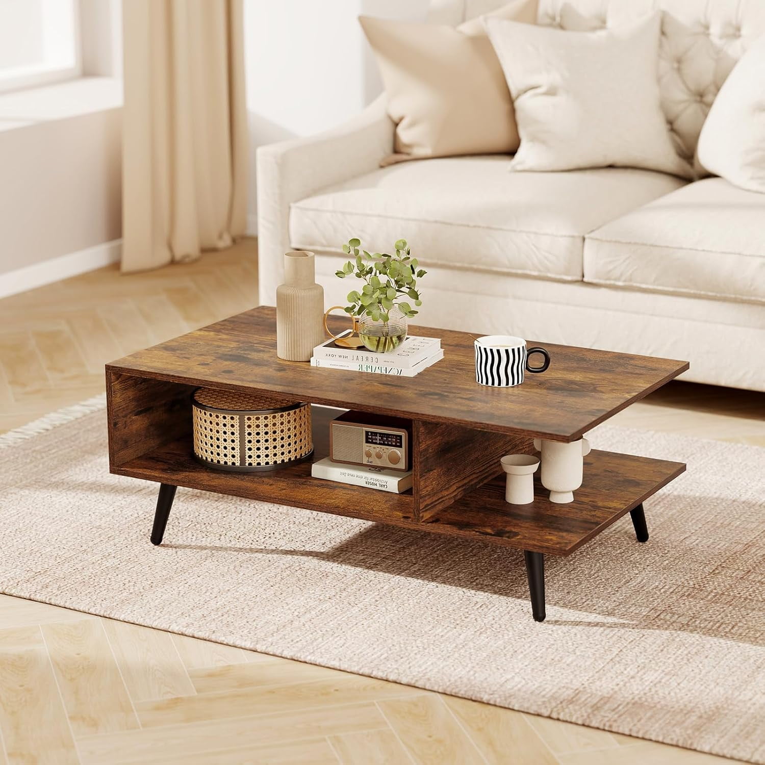 GOFLAME Wood Coffee Table, 2-Tier Mid Century Modern Center Table with ...