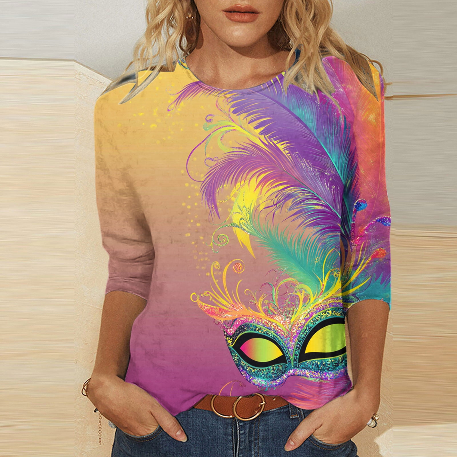 GOFLIC Mardi Gras Shirts for Women Plus Size Spring Summer 3/4 Sleeve ...