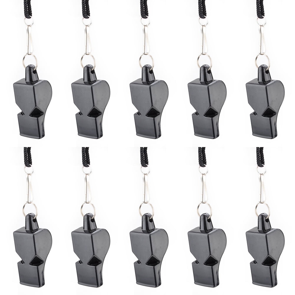 GOGO 100 Pcs Black Whistles with Lanyard, Plastic Pea-Less Sports ...