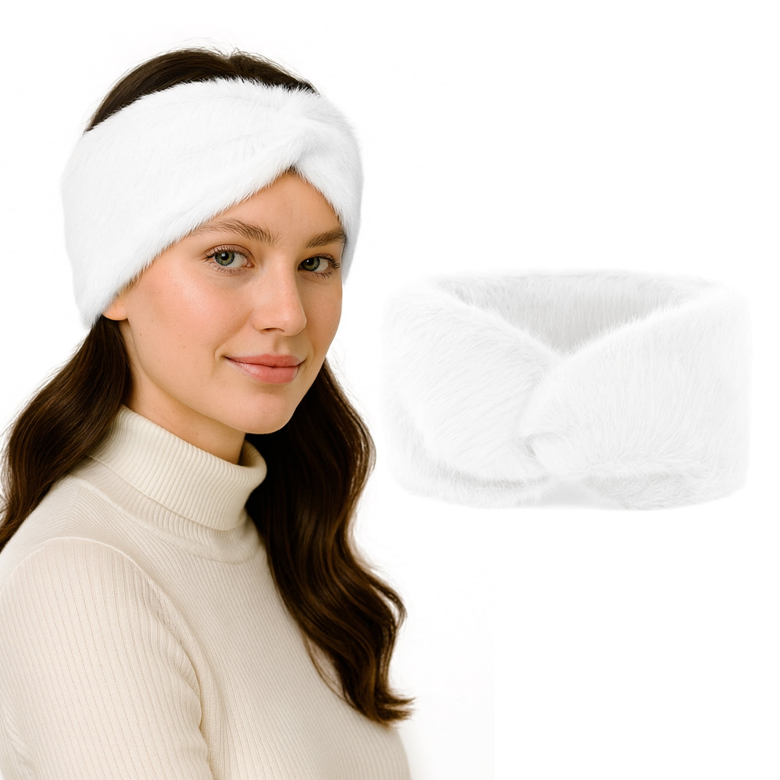 GOGO Women Faux Fur Headband Furry Ear Muffs Winter Head Warmer, White ...
