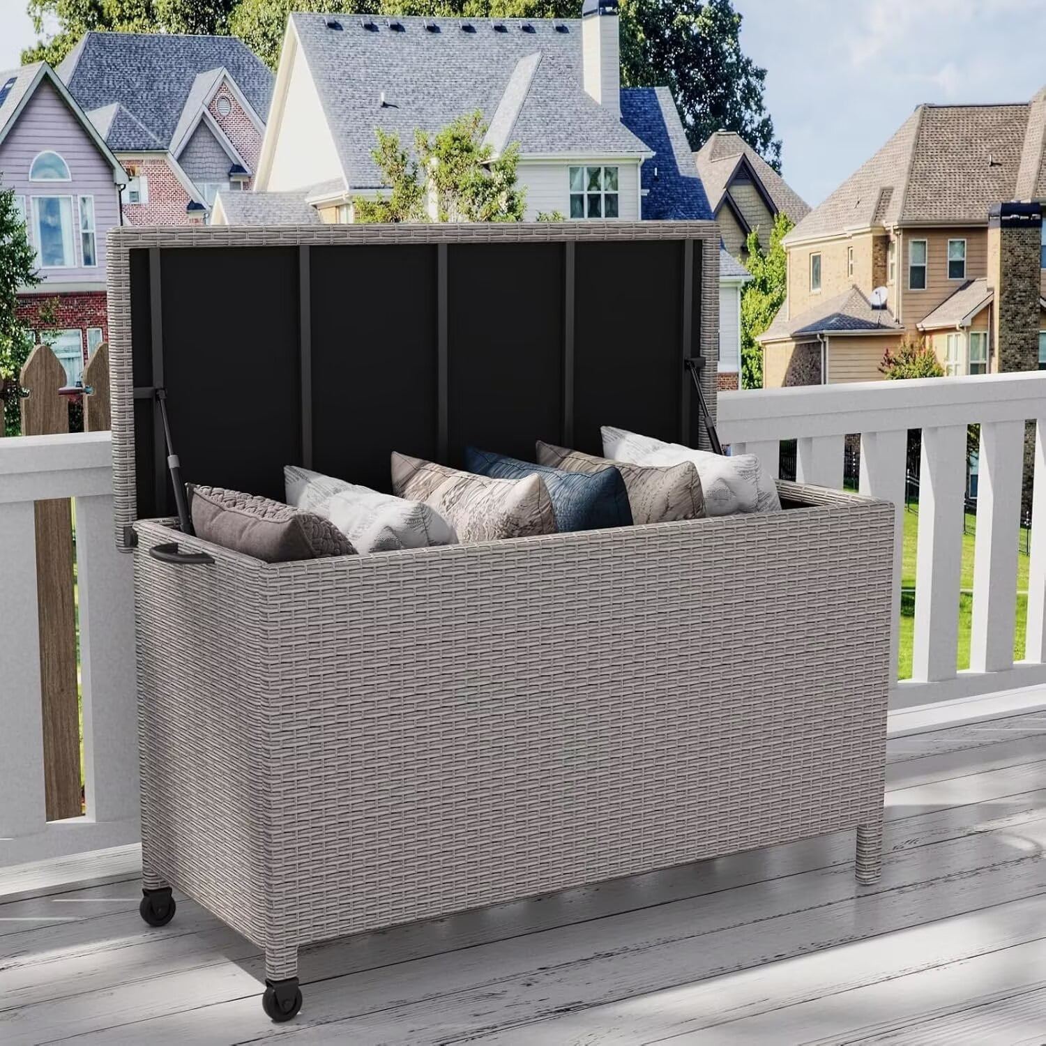 GOGRANT 120 Gallon Wicker Deck Box, Outdoor Storage Box with Wheels and ...