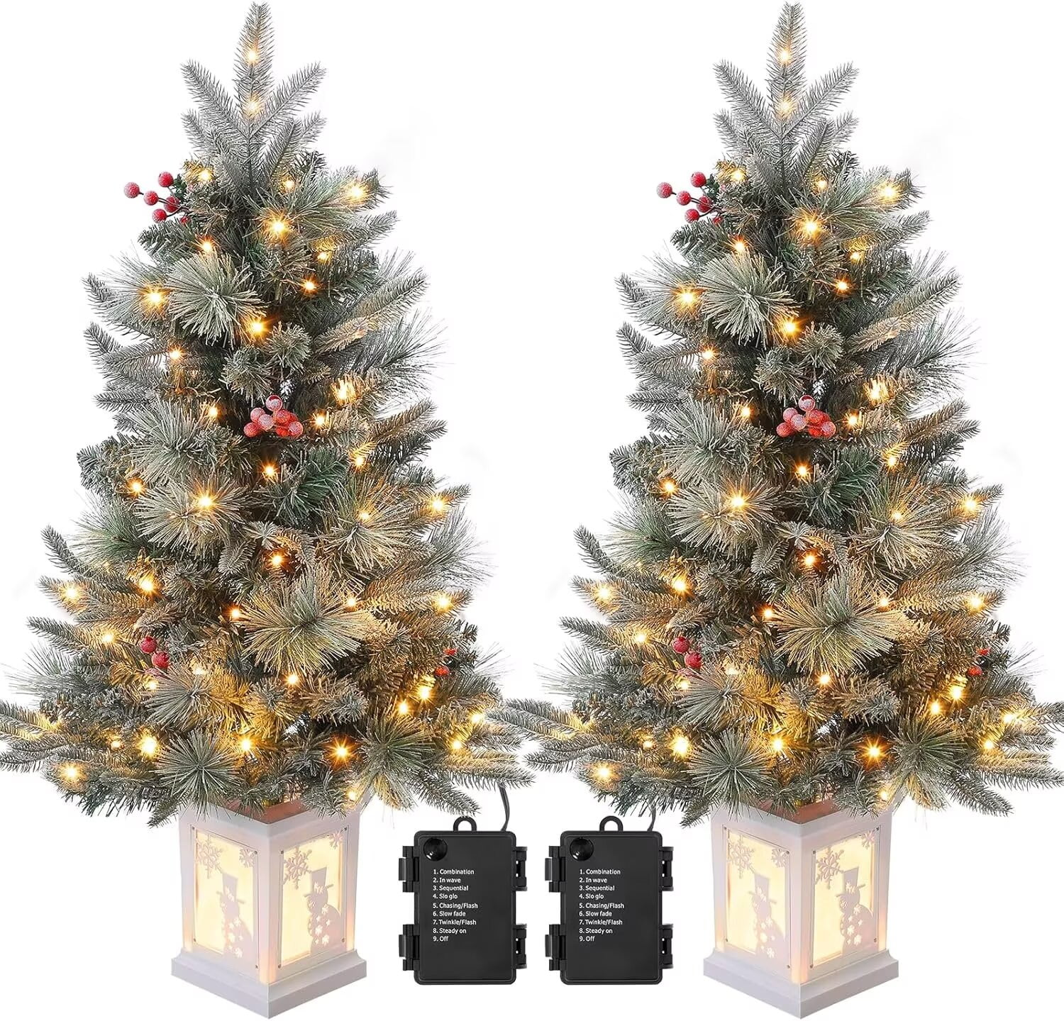 GOGRANT 2 pcs Premium 3ft Mini Pre Lit Snow Flocked Artificial ...