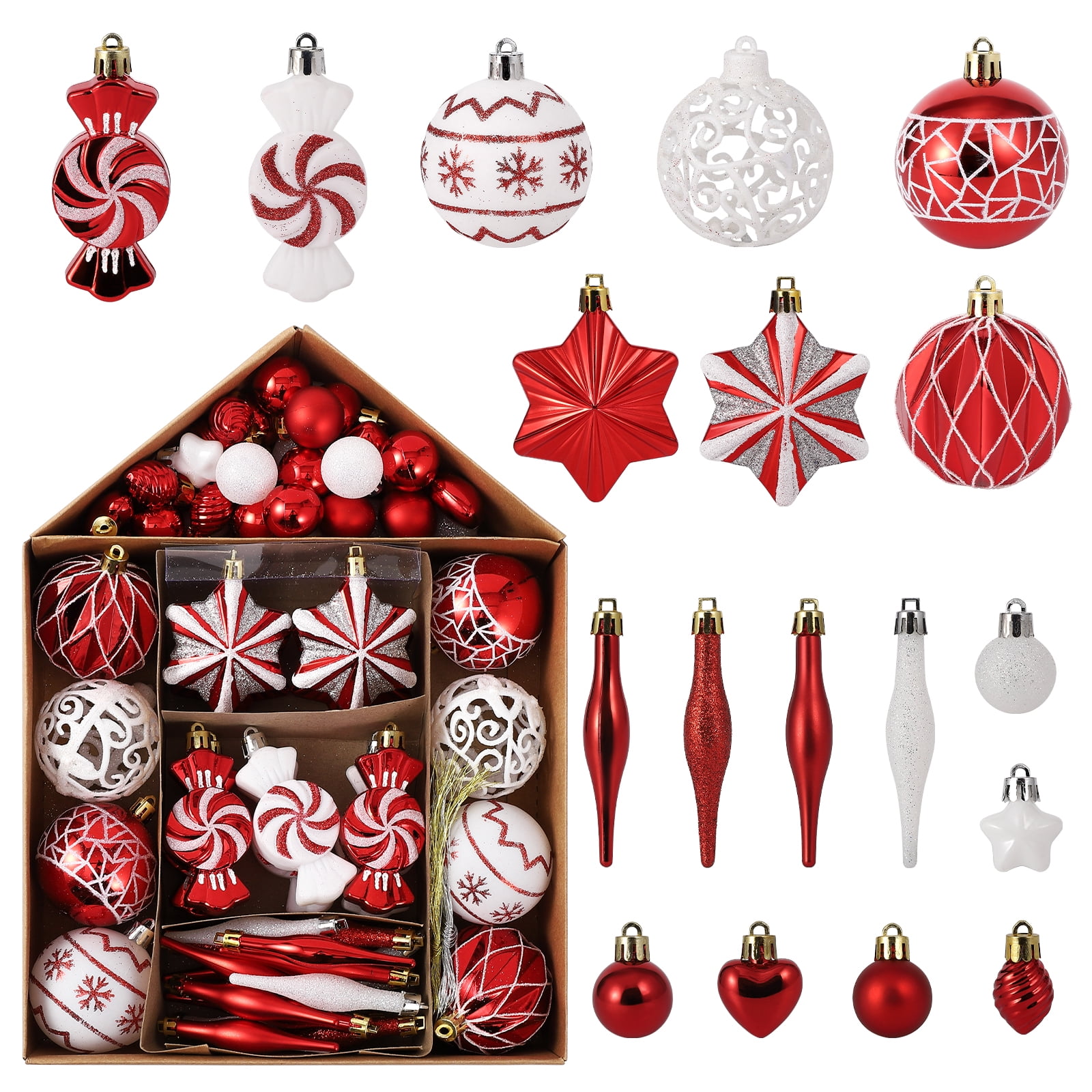 GOGRANT 73pcs Christmas Ball Ornaments Set, Red & White Assorted ...