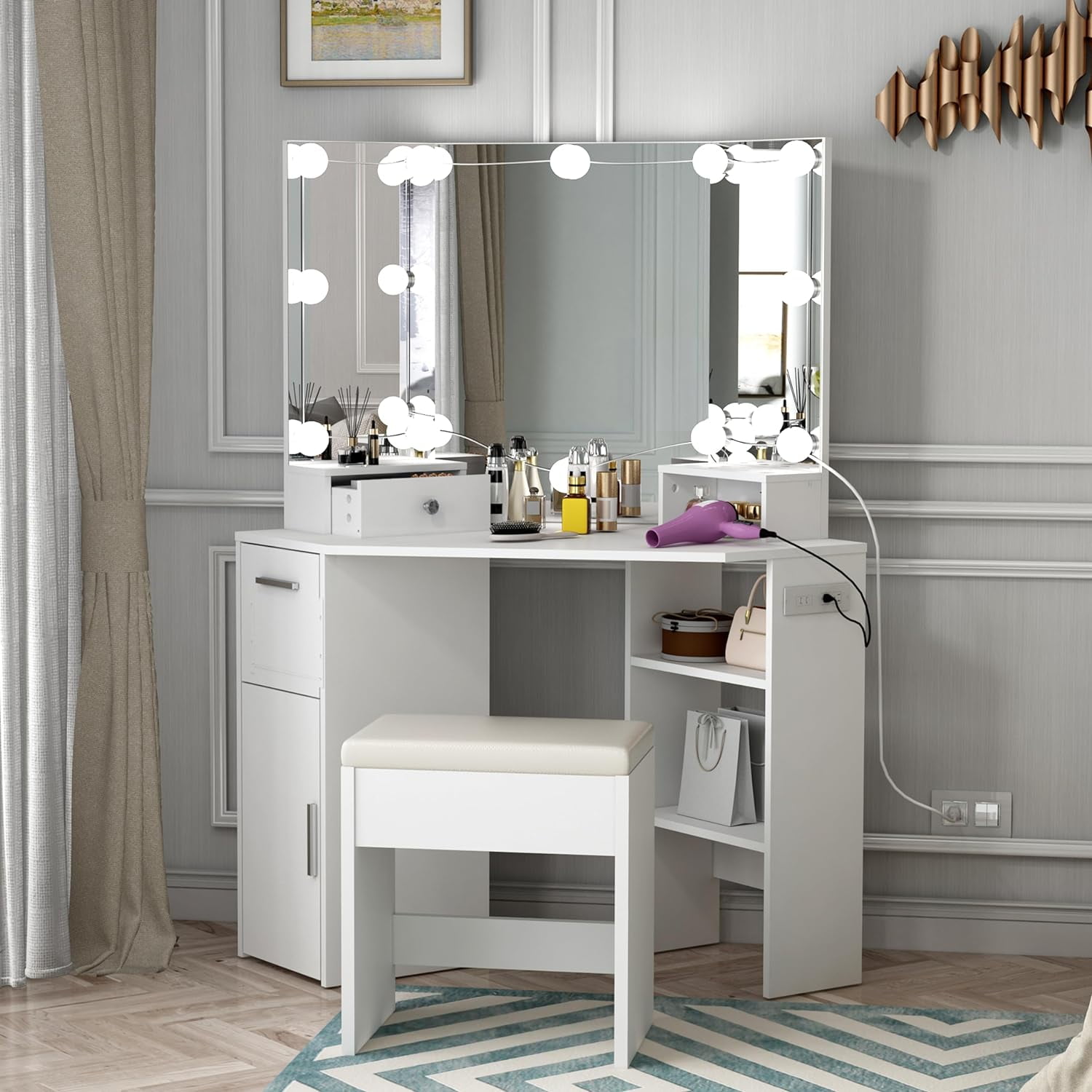 GOGRANT Corner Vanity Set with Charging Station, Vanity Desk with ...