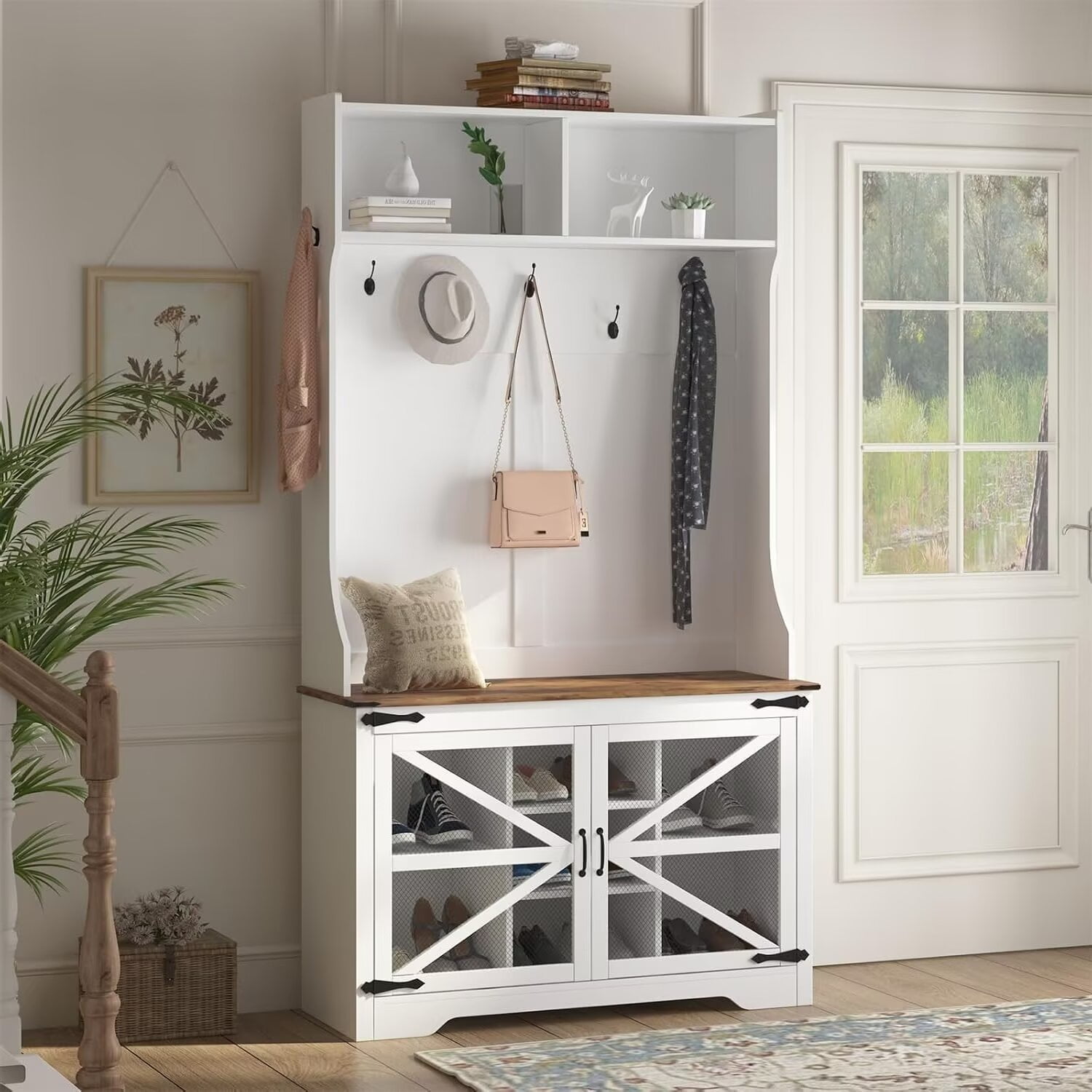 GOGRANT Farmhouse Entryway Bench with Coat Rack, 7 Shoe Cubbies & 7 ...