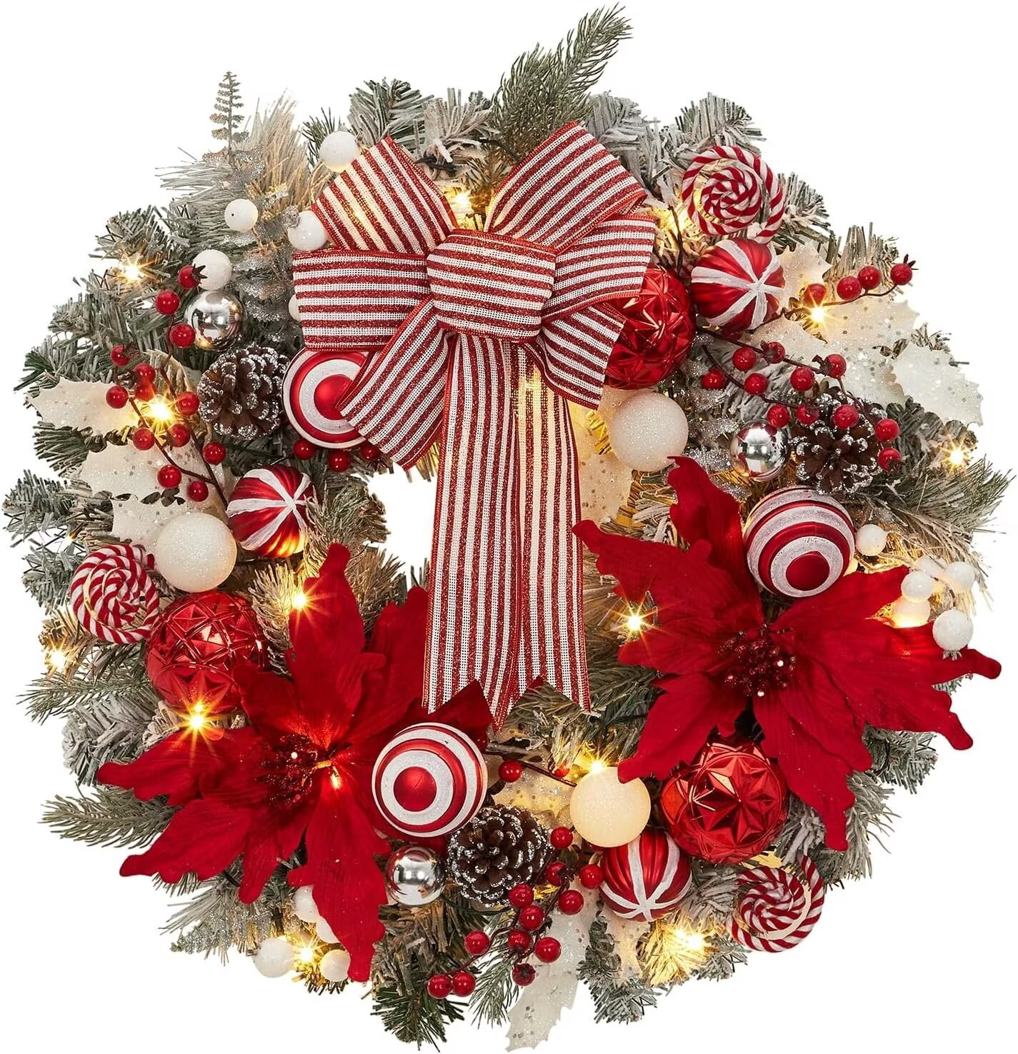 GOGRANT Pre-Lit Snow Flocked Christmas Wreath, 24 Inch Large Outdoor ...