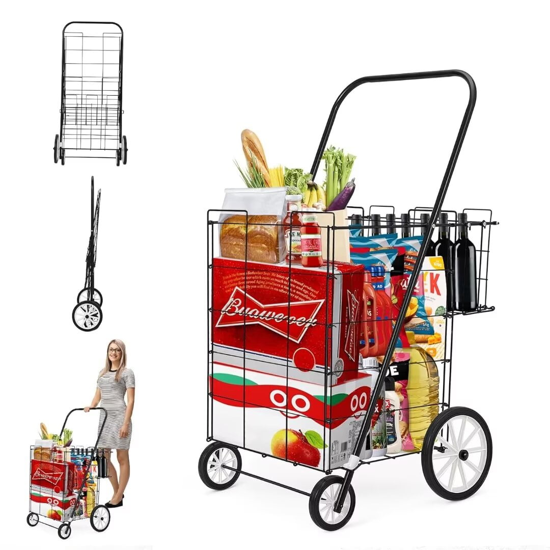 GOGRANT Utility Shopping Cart with Double Basket, Foldable Rolling ...
