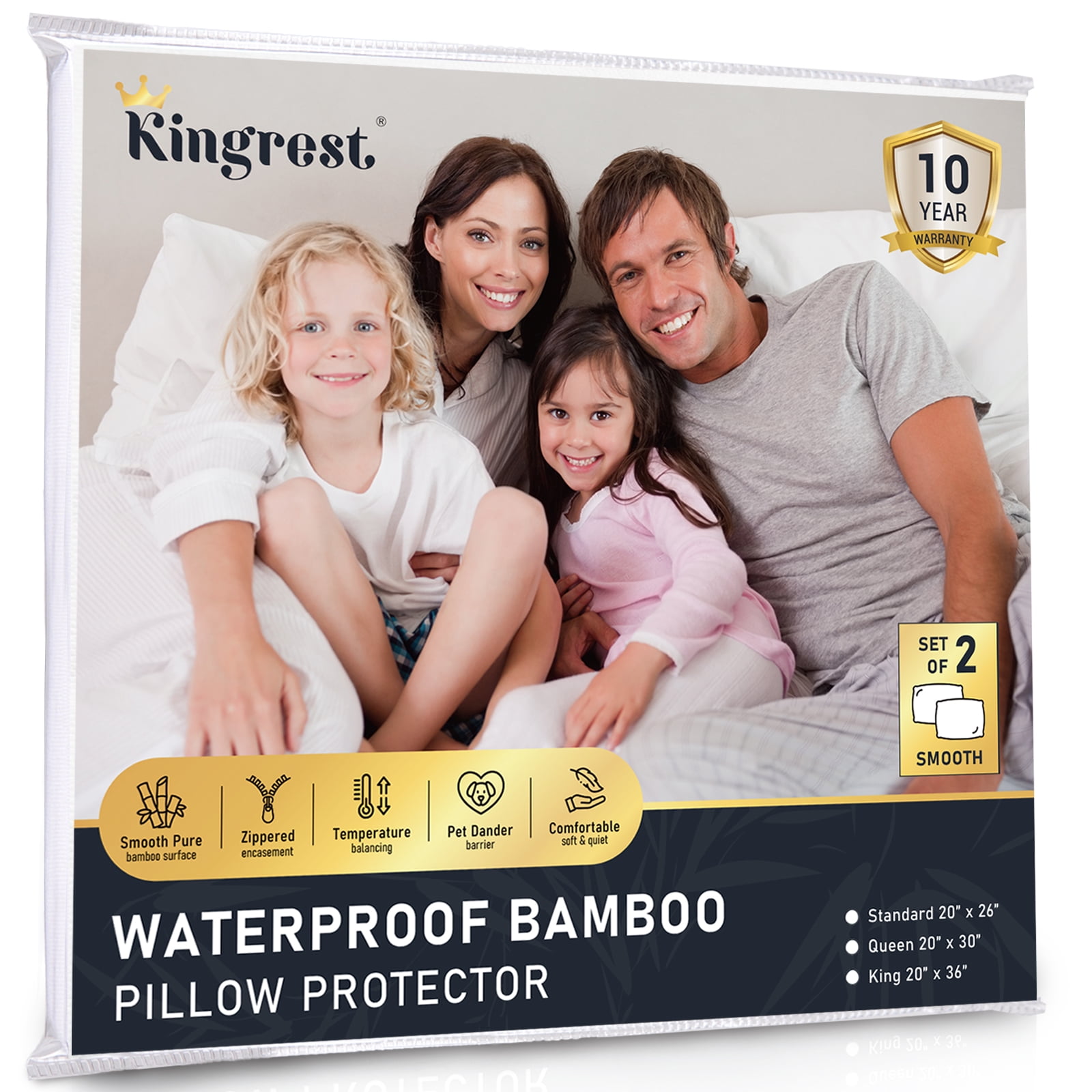 Kingrest Waterproof Pillow Protectors with Zipper, Cooling Bamboo Queen ...