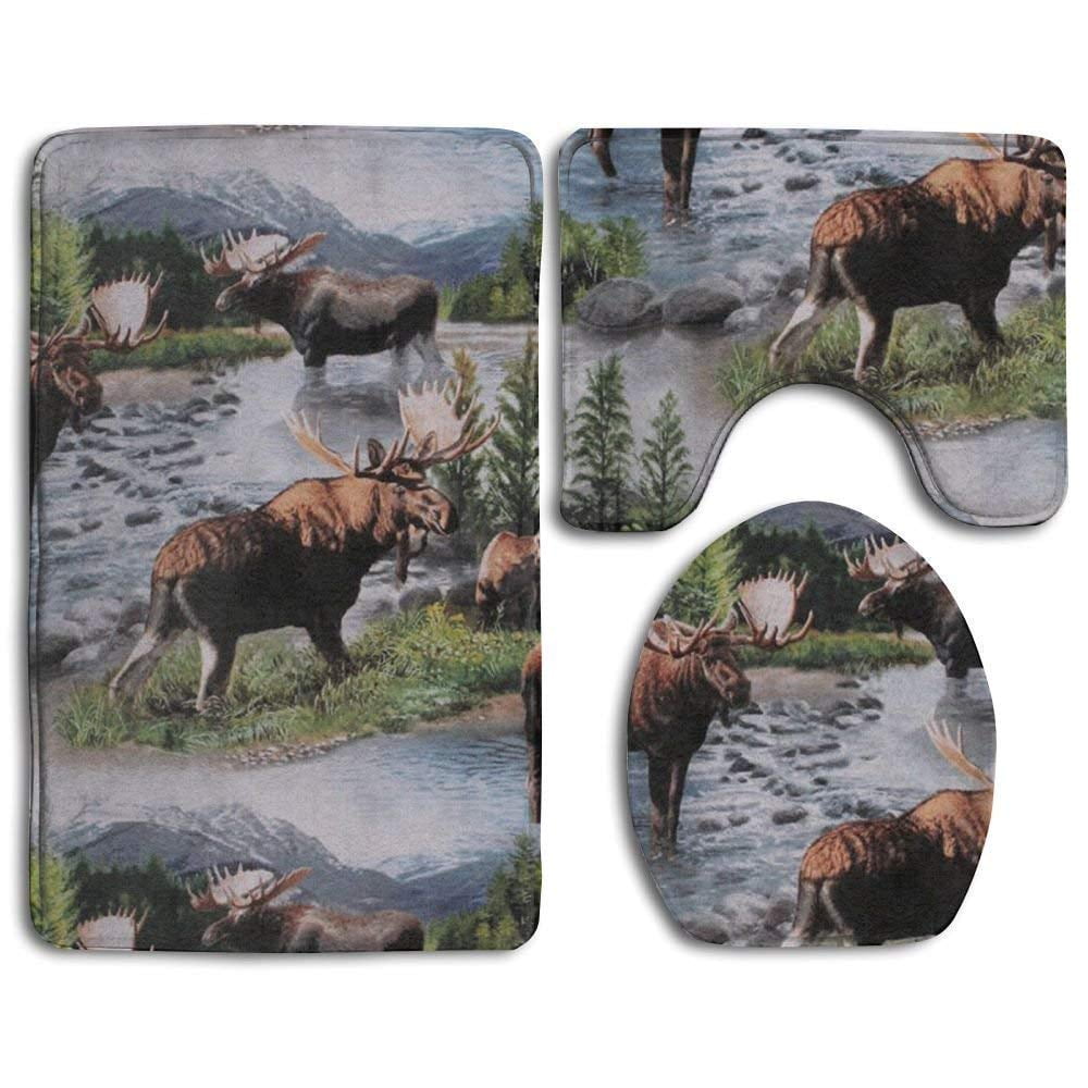 GOHAO Bull Moose Nature Scenic Wildlife Lake 3 Piece Bathroom Rugs Set ...