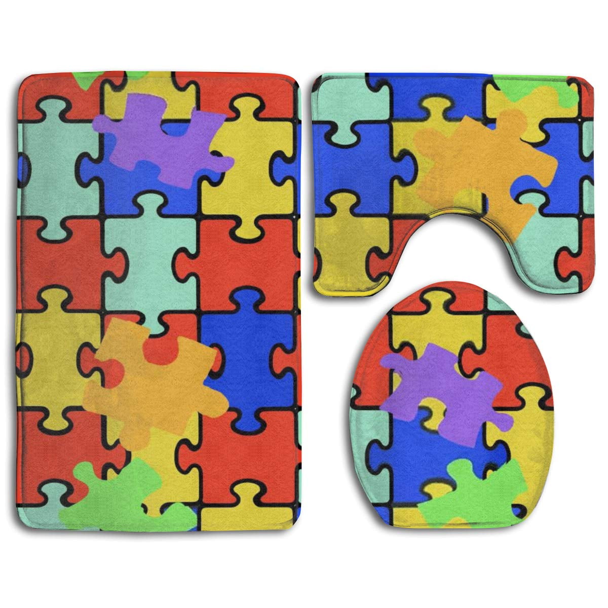 GOHAO Colored Jigsaw Puzzle Pieces 3 Piece Bathroom Rugs Set Bath Rug ...