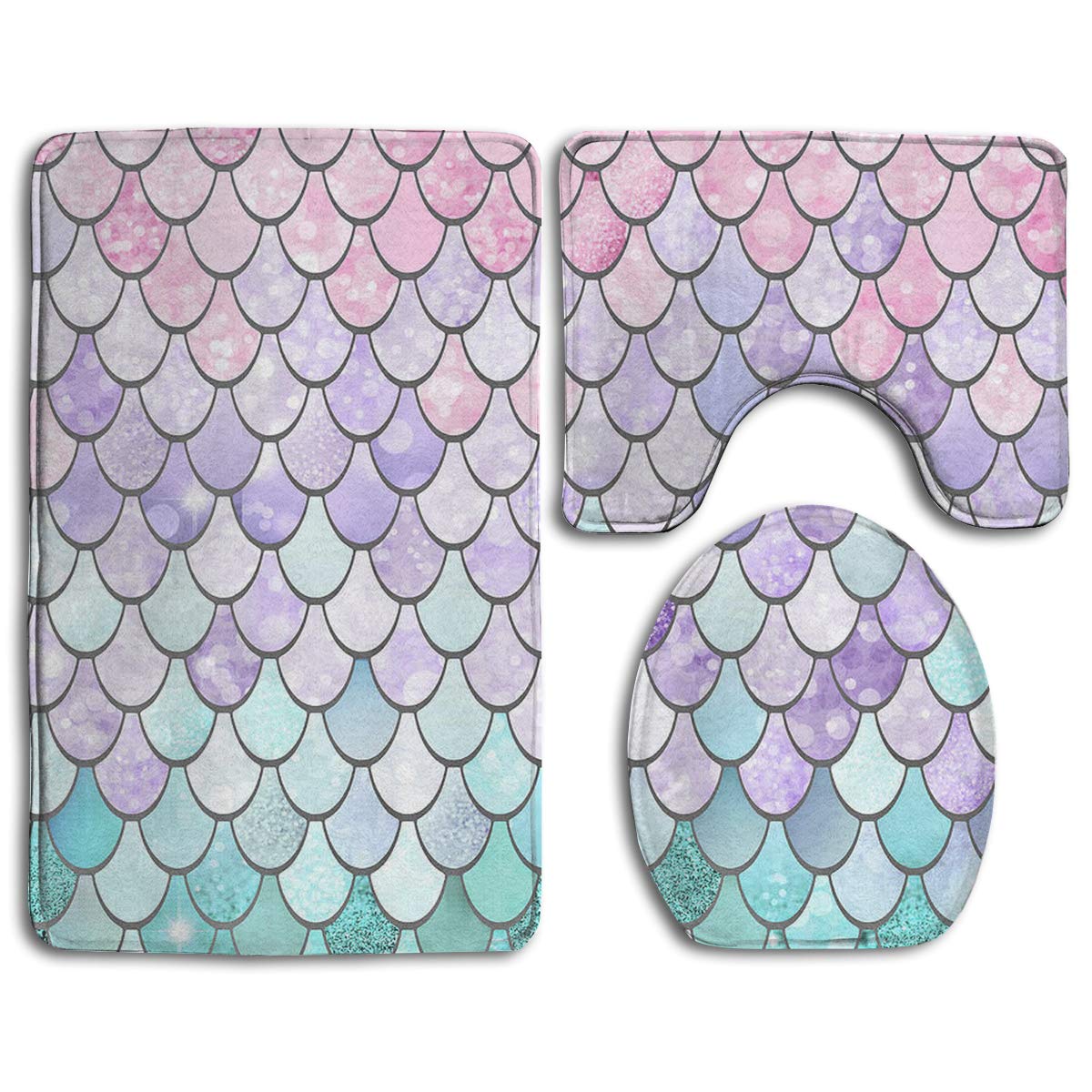 GOHAO Colorful Mermaid Fish Scales 3 Piece Bathroom Rugs Set Bath Rug ...