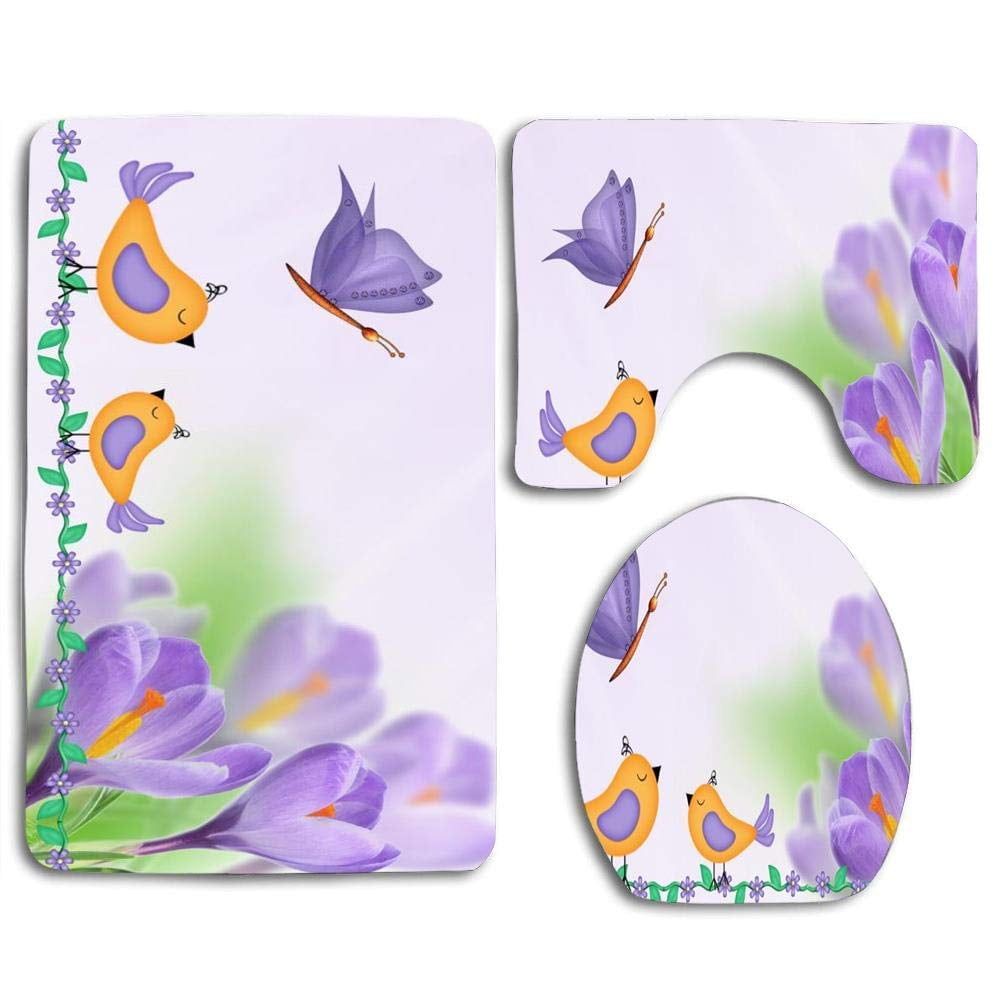 GOHAO Crocus Birds Butterfly 3 Piece Bathroom Rugs Set Bath Rug Contour ...