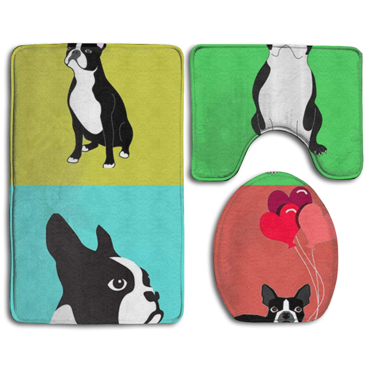 GOHAO Cute Dogs Boston Terrier Balloon 3 Piece Bathroom Rugs Set Bath ...