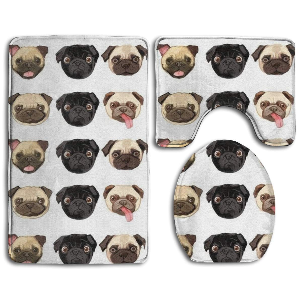 GOHAO Cute Funny Pug Dog 3 Piece Bathroom Rugs Set Bath Rug Contour Mat ...