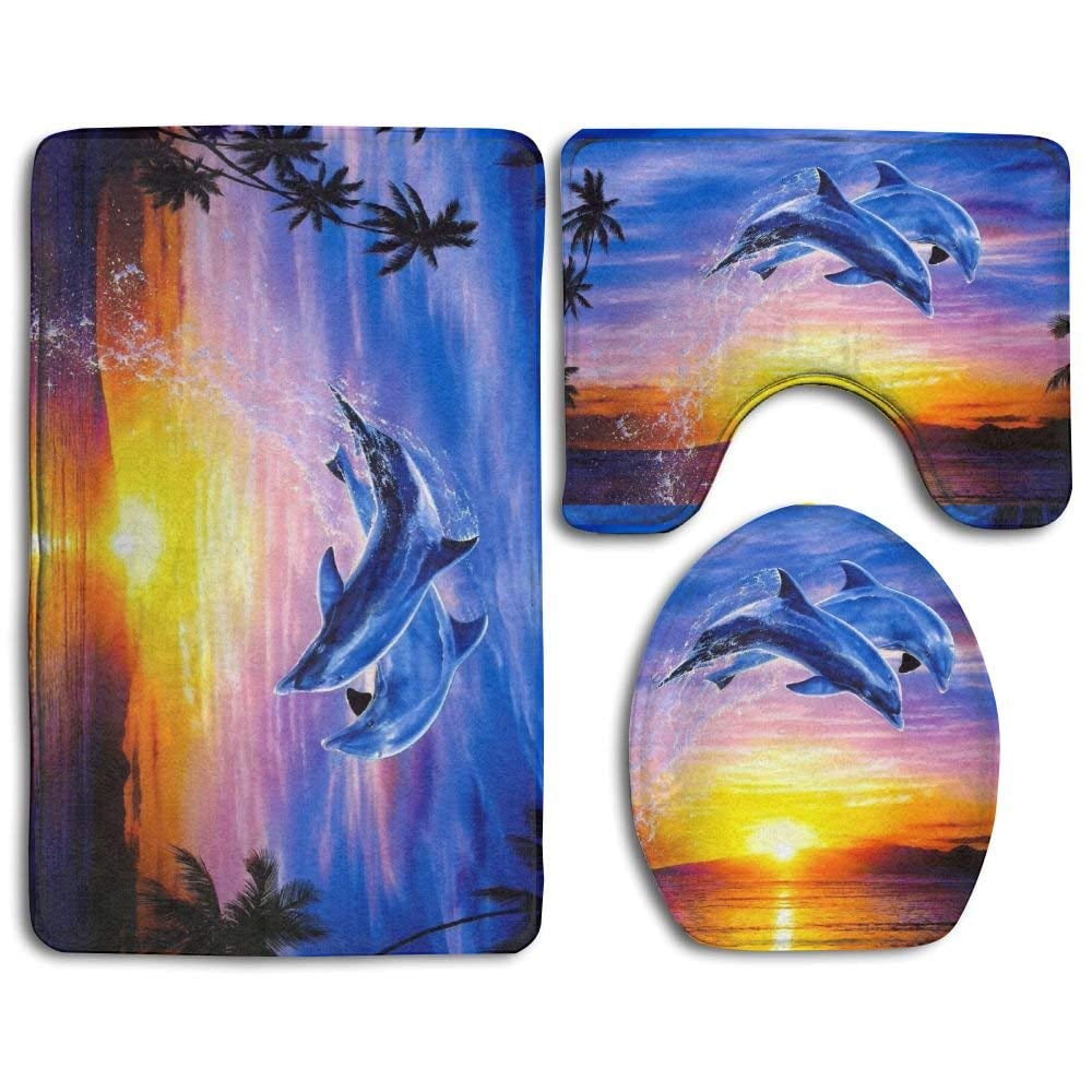 GOHAO Dolphin Jumping Sunset Palm Tree 3 Piece Bathroom Rugs Set Bath ...