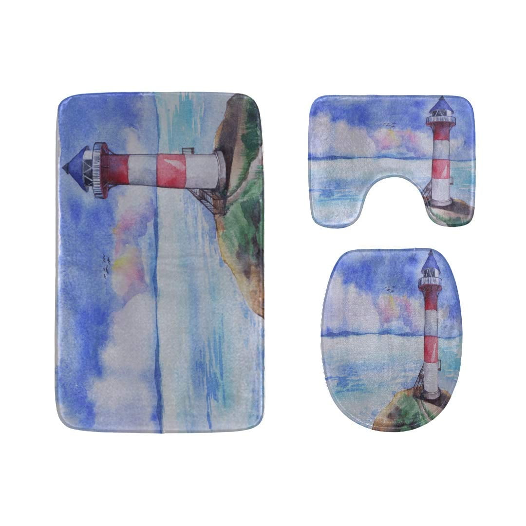 GOHAO Hand Drawn Watercolor Lighthouse 3 Piece Bathroom Rugs Set Bath ...